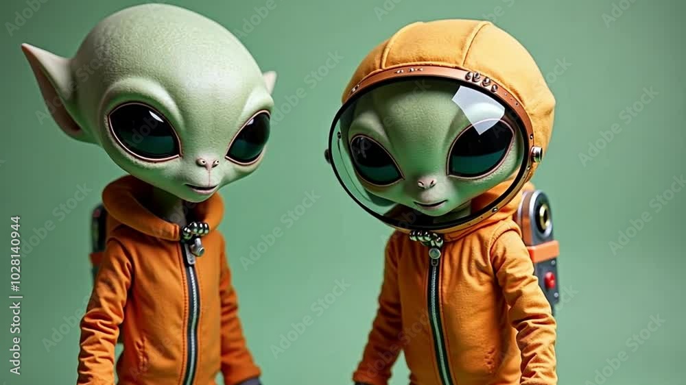 Two gray aliens with long necks and green jellyfish texture. Each alien ...