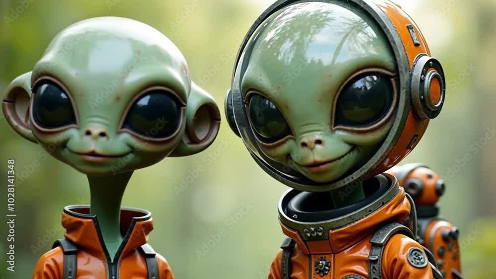 Two gray aliens with long necks and green jellyfish texture. Each alien ...