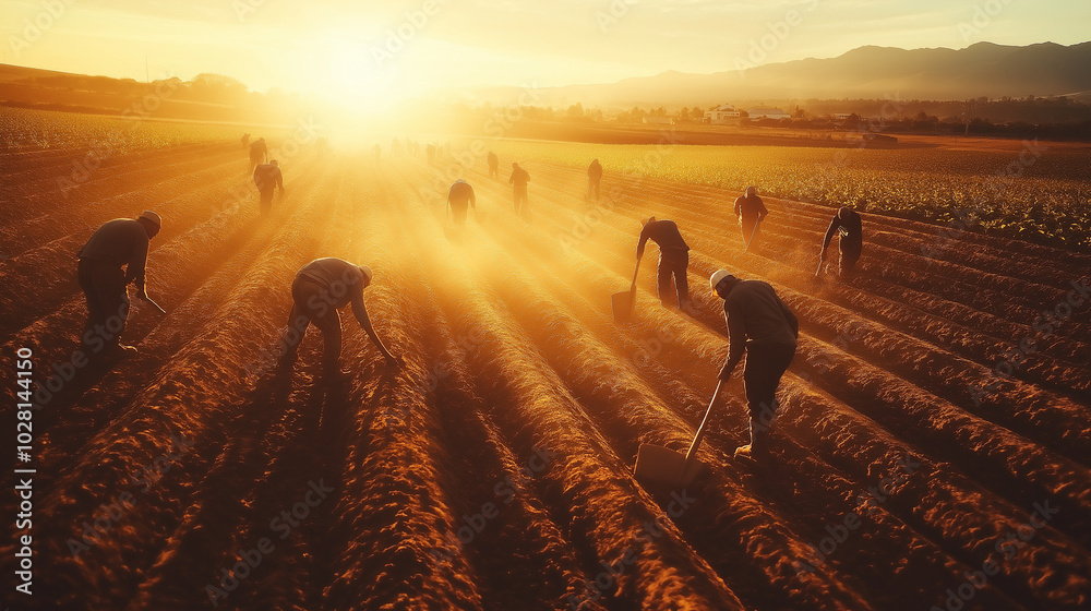 A group of farmers working together, using tools to prepare large ...