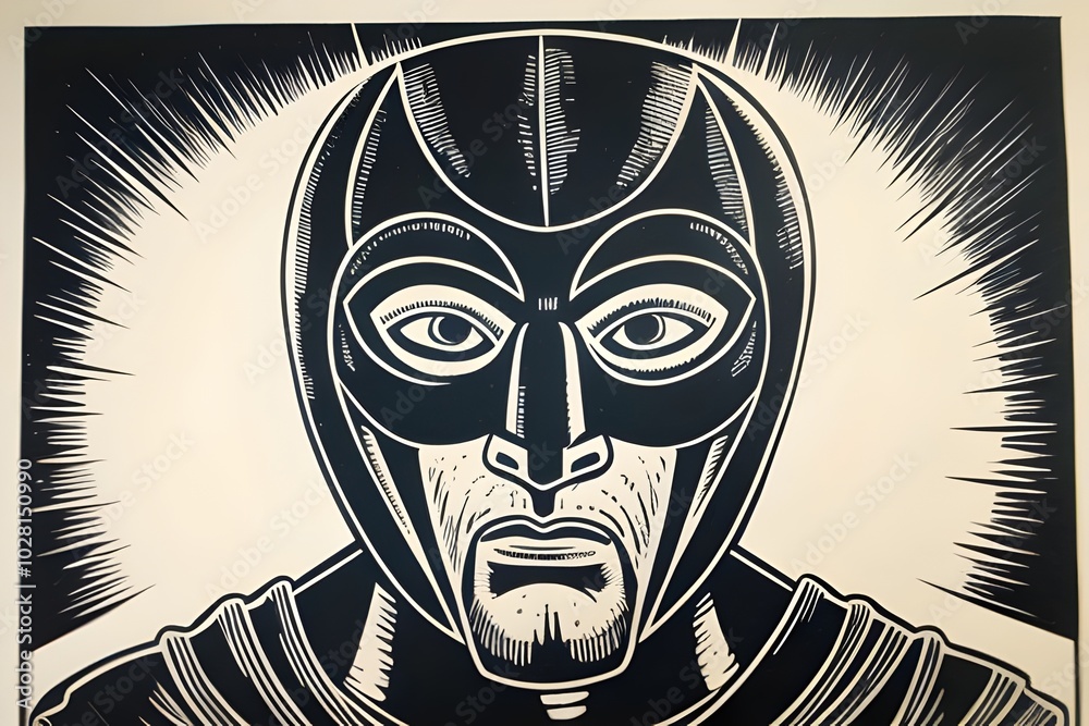 vintage lino cut of a mexican wrestling mask, muscular wrestler, sport ...