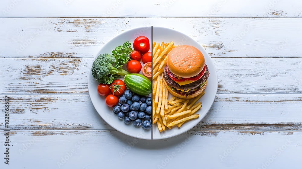 Healthy vs. Unhealthy Food Choices: Split-screen image showing a plate ...