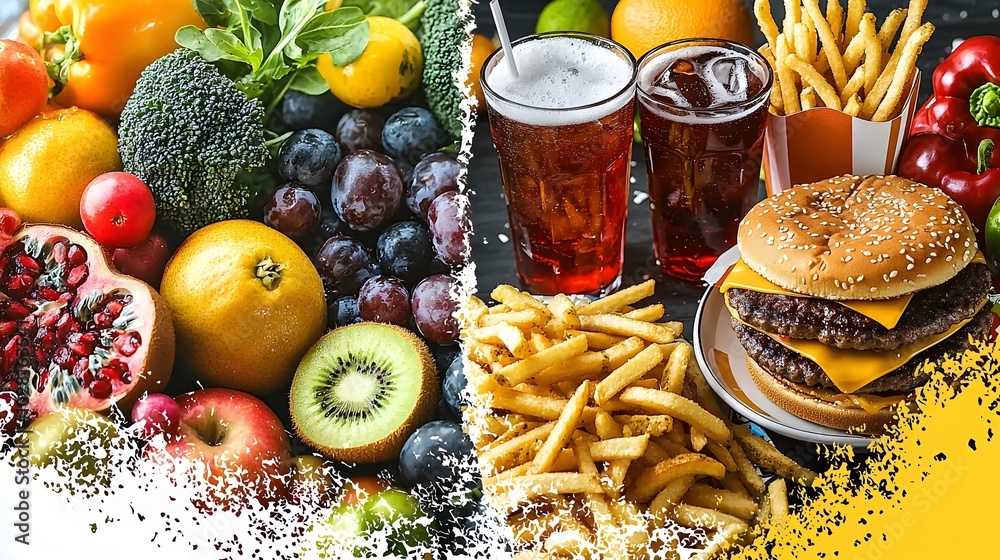 Healthy vs. Unhealthy Food Choices: Split-screen image showing a plate ...