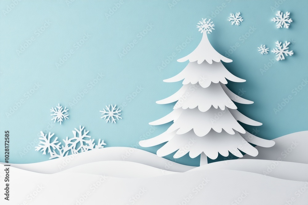 Stylish winter scene with a paper tree and snowflakes on a light blue ...