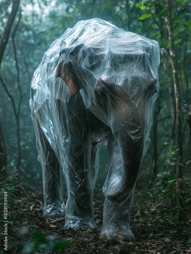 An elephant walks through a dense jungle, its massive body completely ...