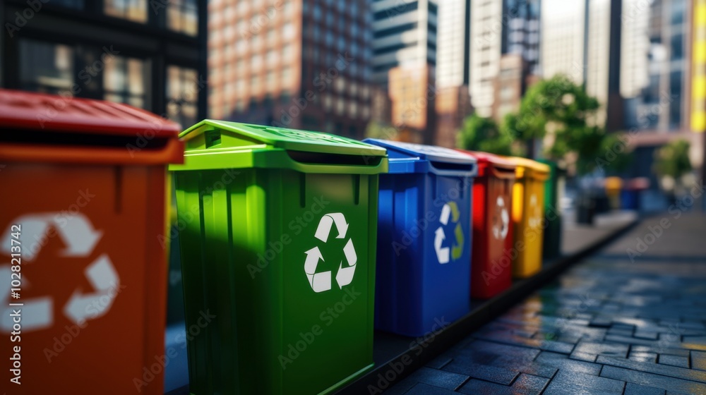 Colorful recycling bins lined up in urban setting, promoting eco ...