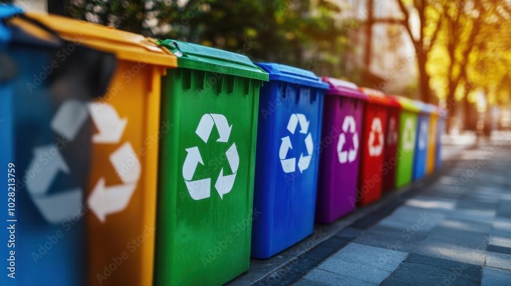 Colorful recycling bins line city sidewalk, promoting eco friendly ...