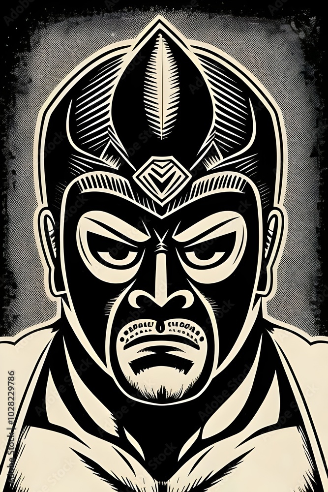vintage lino cut of a mexican wrestling mask, muscular wrestler, sport ...