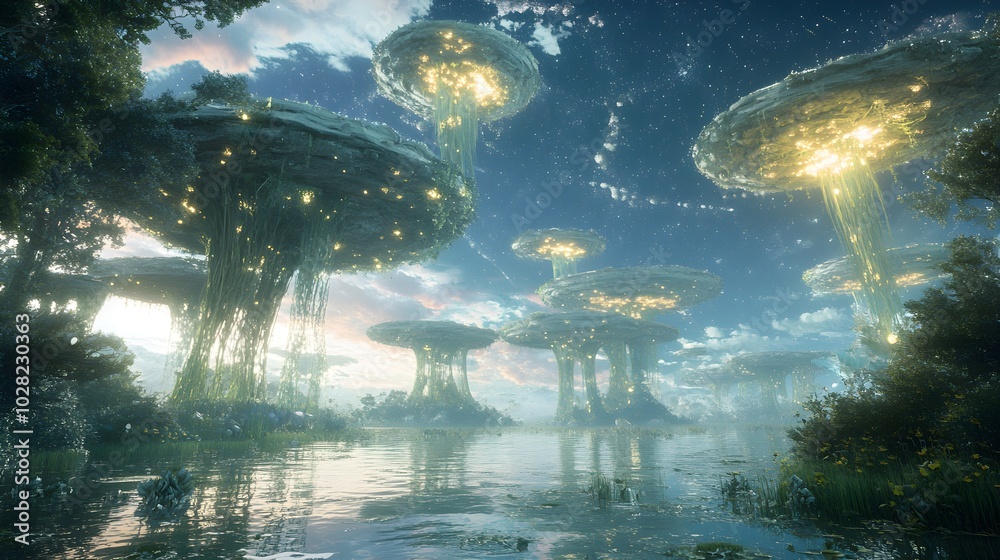 A surreal dreamscape where the ground is made of rippling water, and ...