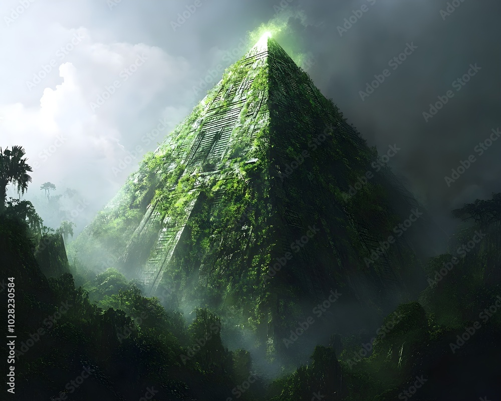 An ancient alien pyramid hidden in a dense jungle, partially covered by ...