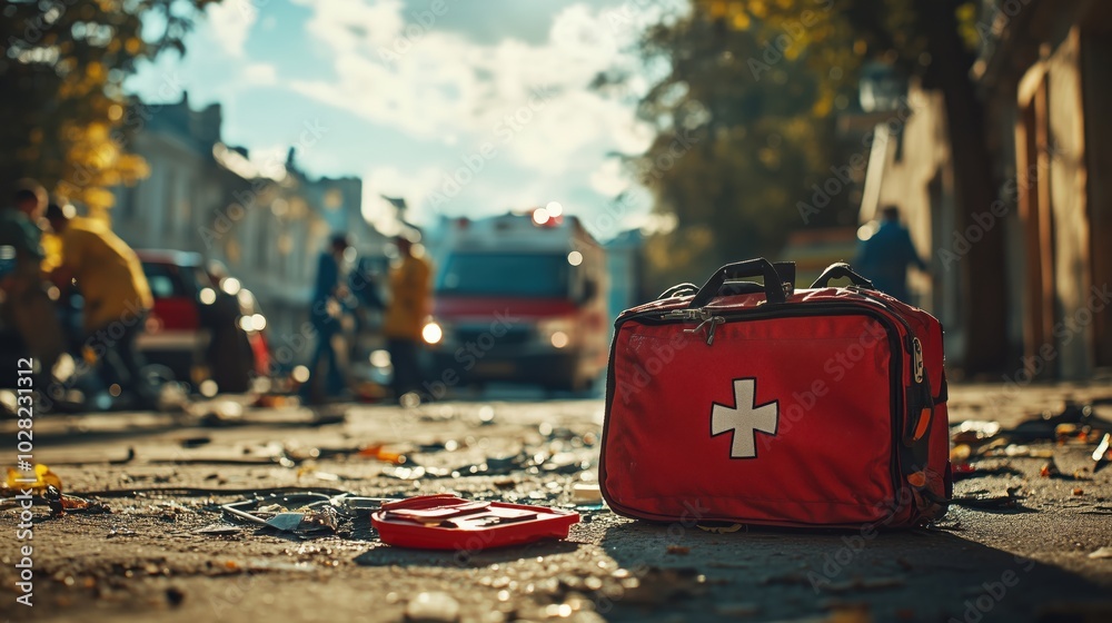 First Aid Kit on Emergency Scene. A first aid kit rests on the ground ...