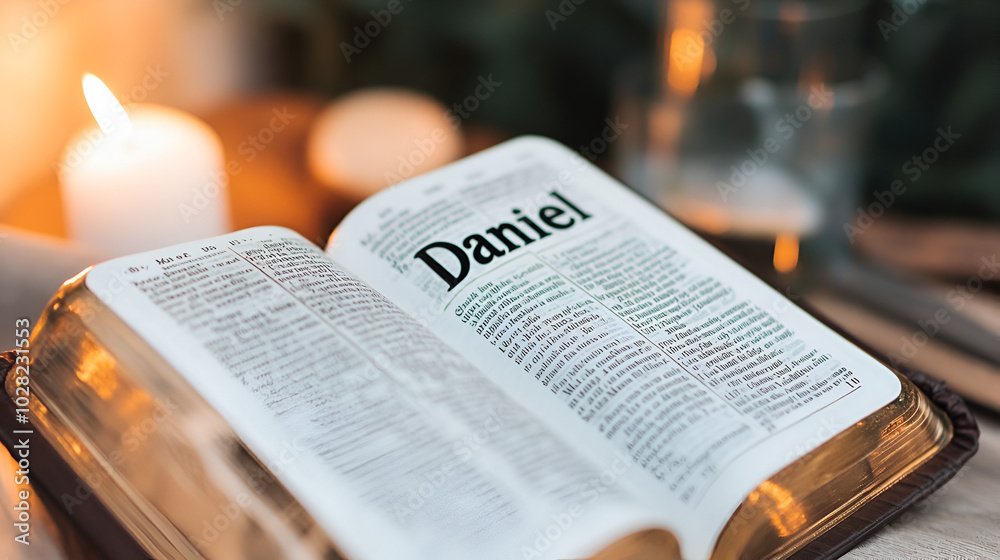 Book of Daniel. Open bible revealing the name of the book of the bible in a epic cinematic ...