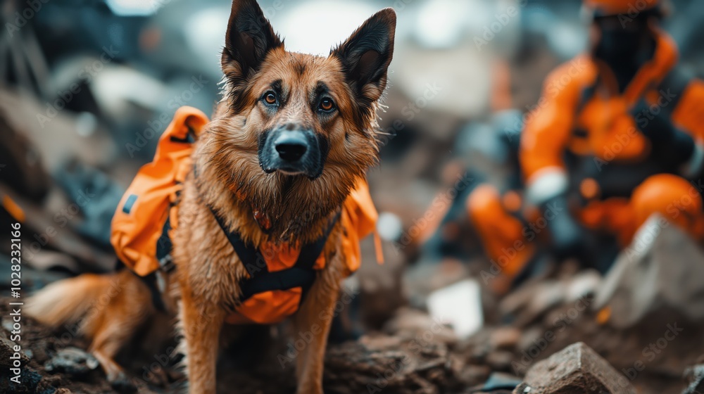 Loyal rescue dog stands alert in a rugged environment, showcasing its ...