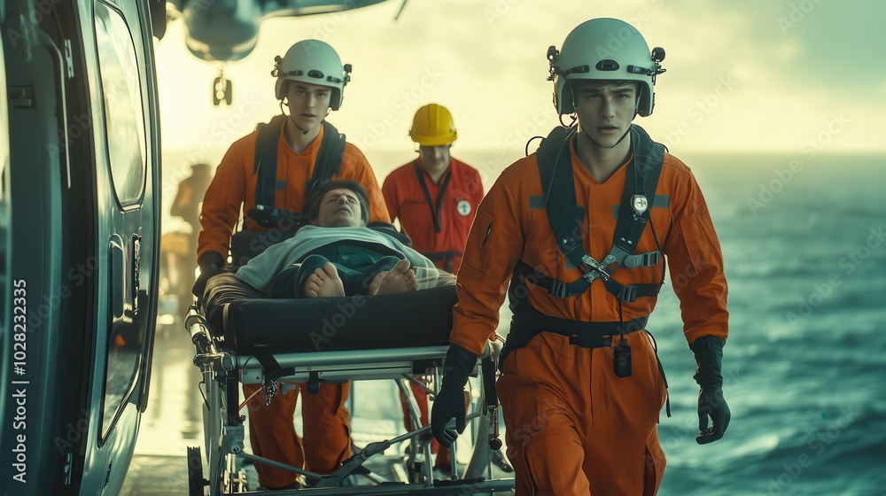 Emergency Medical Services in Action at Sea. Emergency team operates at ...