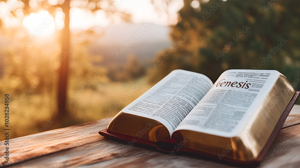 Book of Genesis. Open bible revealing the name of the book of the bible in a epic cinematic ...