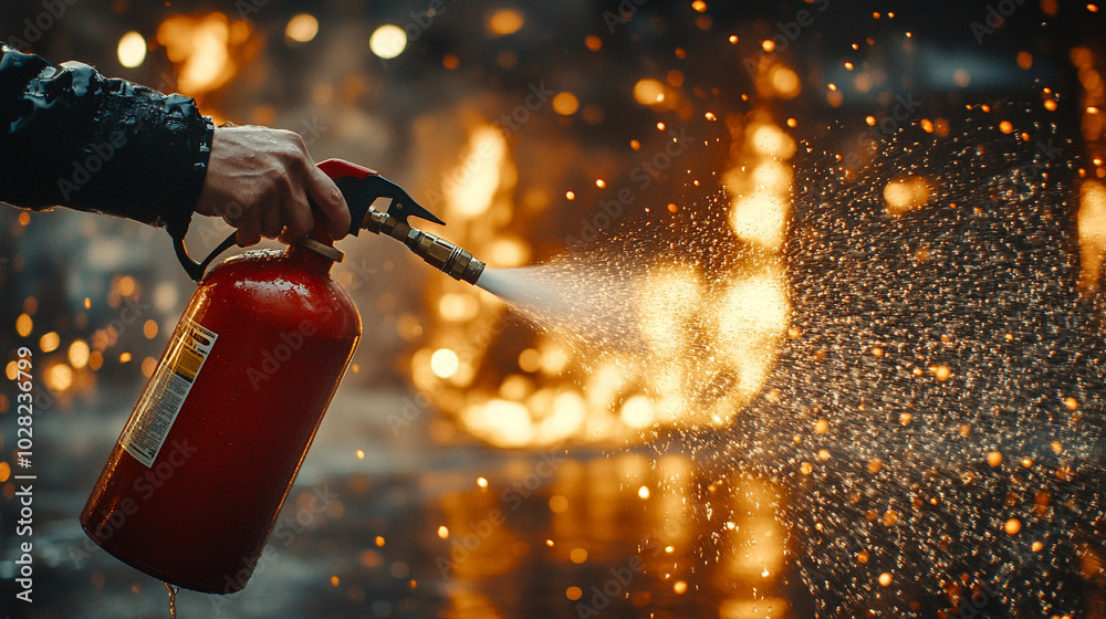 hand confidently grips a fire extinguisher, symbolizing safety ...