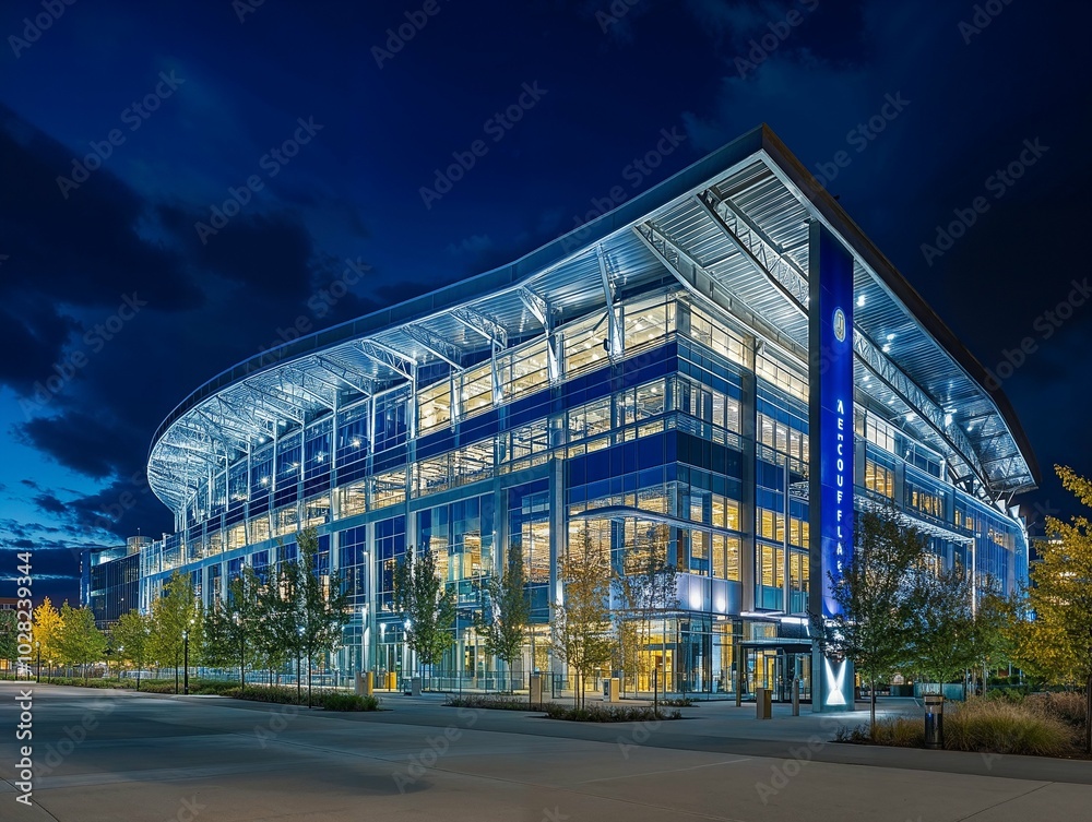 Modern glass stadium illuminated at night with blue lights, showcasing ...