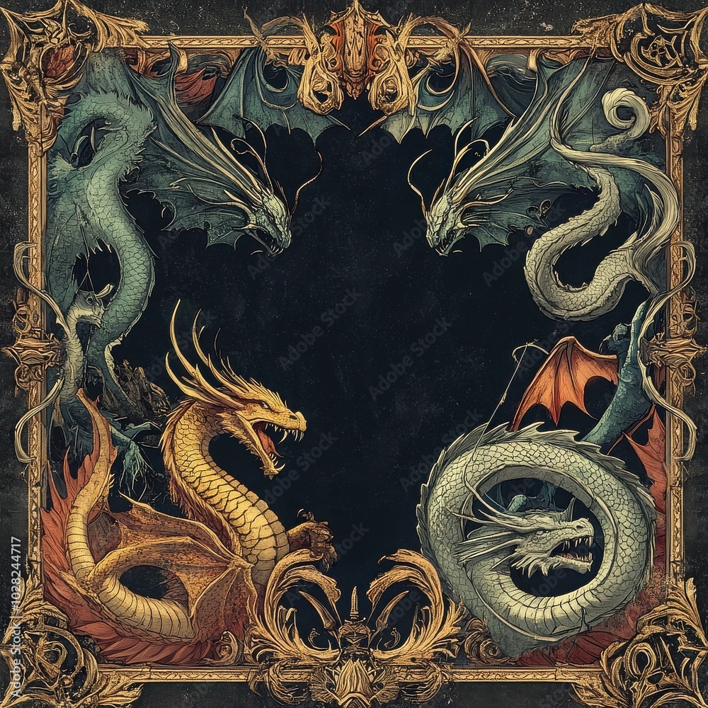 Dragon Quartet: A majestic, ornate frame encircles four majestic ...