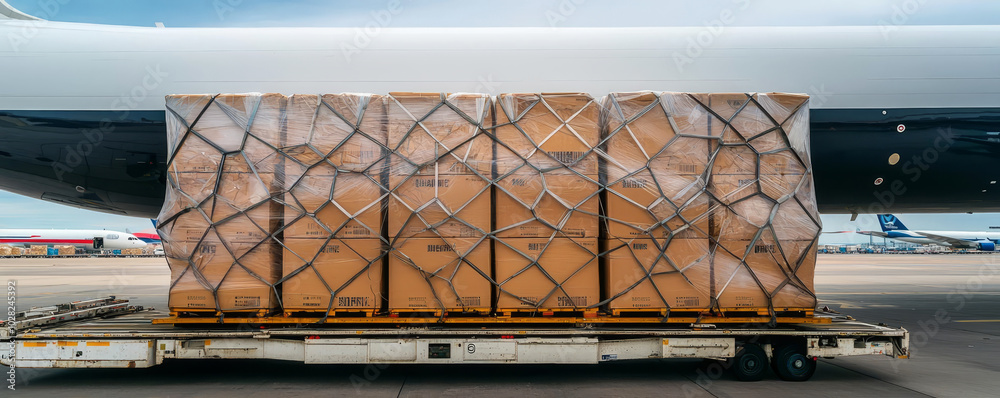 Cargo plane being loaded with goods at an airport, air freight, global ...