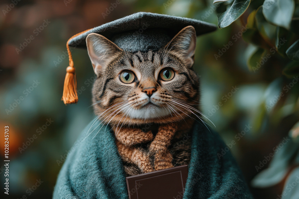 A cat dressed in a graduation cap and gown, looking regal as it poses ...
