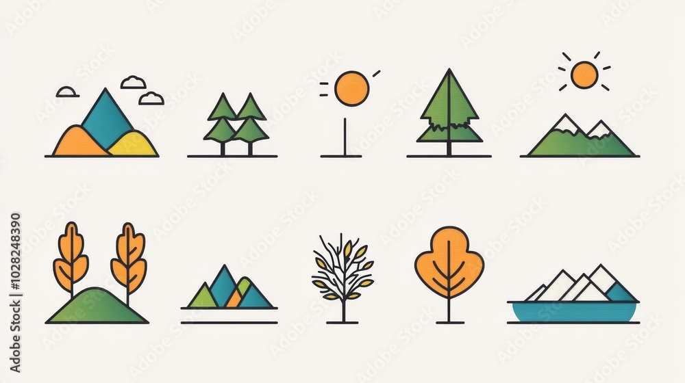 2408 20.A nature-themed vector icon collection, with icons representing ...
