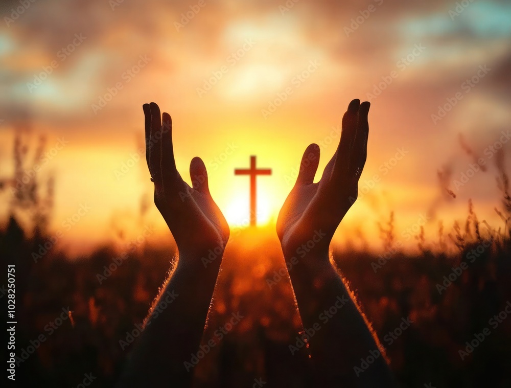 Sunrise Worship: Silhouette of Cross and Raised Hands in Worship ...