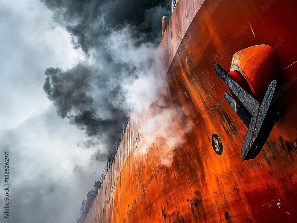 2408 87.A close-up of a large cargo ship's exhaust system, where thick ...