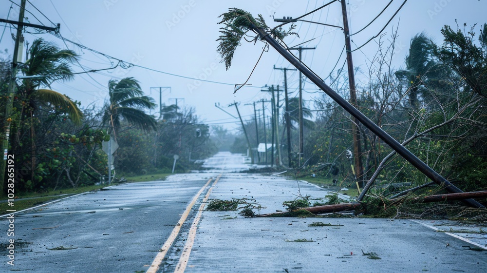 photograph of A utility pole fell right across the road and trees were ...