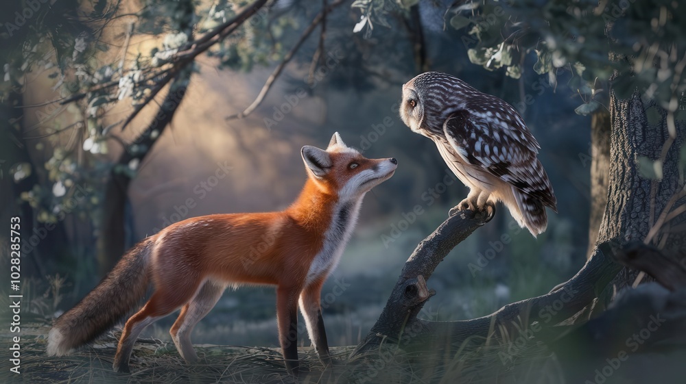Fictional Fox and Owl in Animated Forest, No Human Presence Stock Photo ...