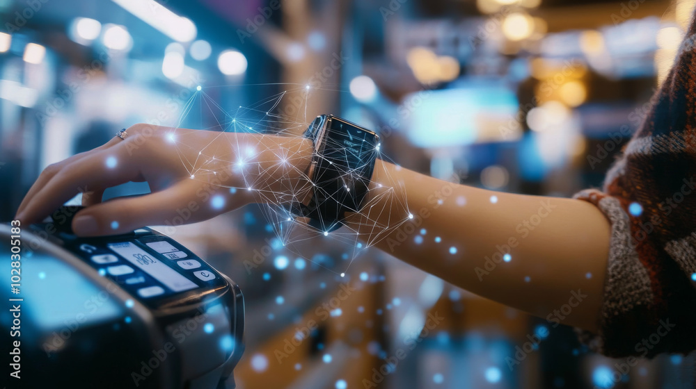 A customer is paying with their smartwatch using NFC technology. The ...