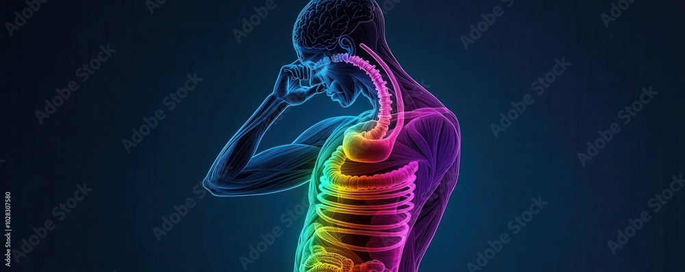 Stylized human figures displaying digestive systems, colorful spectrum ...