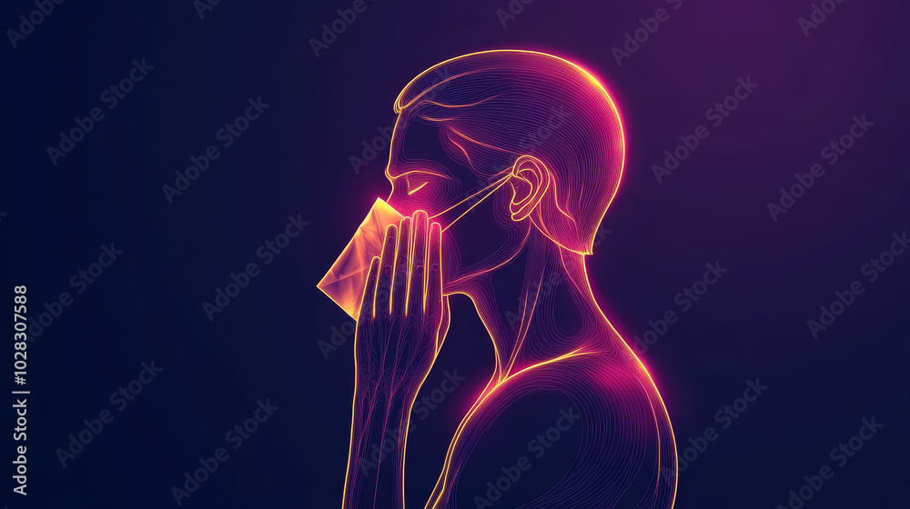 A simple outline drawing of a person coughing into a tissue ...