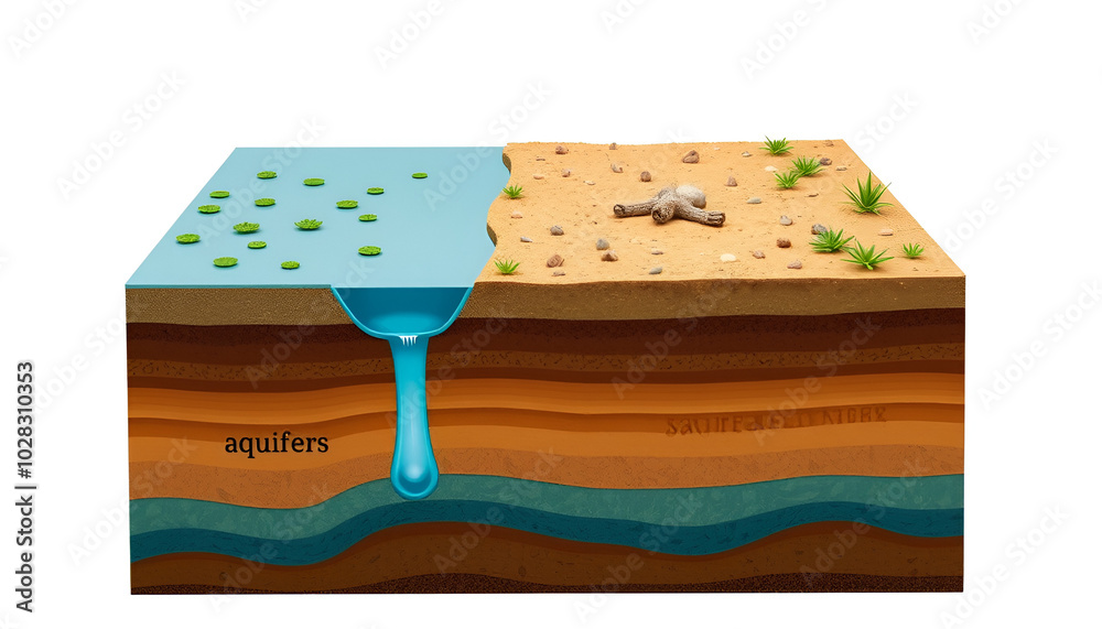 A cross-section of earth reveals stratified layers of moist soil ...