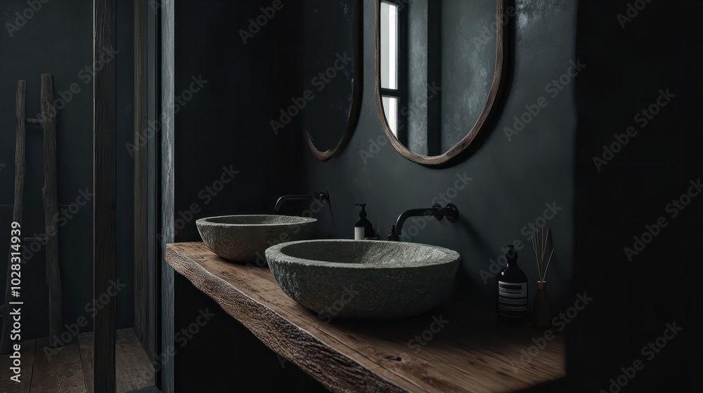 Bathroom with wooden countertop, stone basins, dark grey walls, mirror ...
