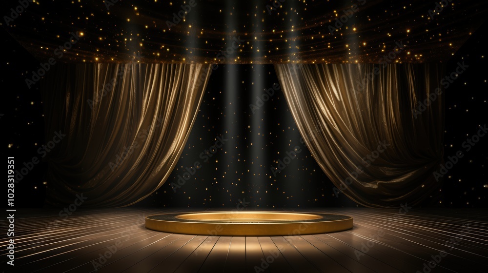 Stage opening golden stage glitter with spotlights and luxury gold ...
