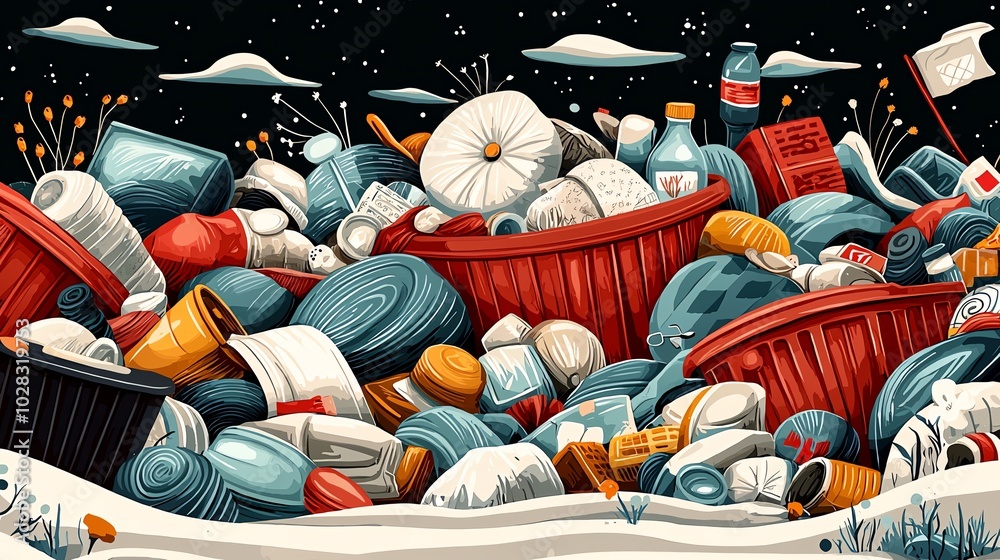 Colorful illustration of overflowing trash in bins under a snowy sky ...