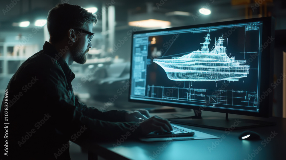 marine engineer is focused on advanced 3D ship design, working intently ...
