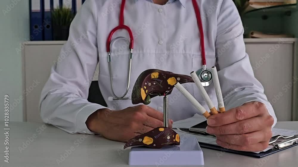 Model of liver with cigarettes, symbolizes the effect of nicotine and ...