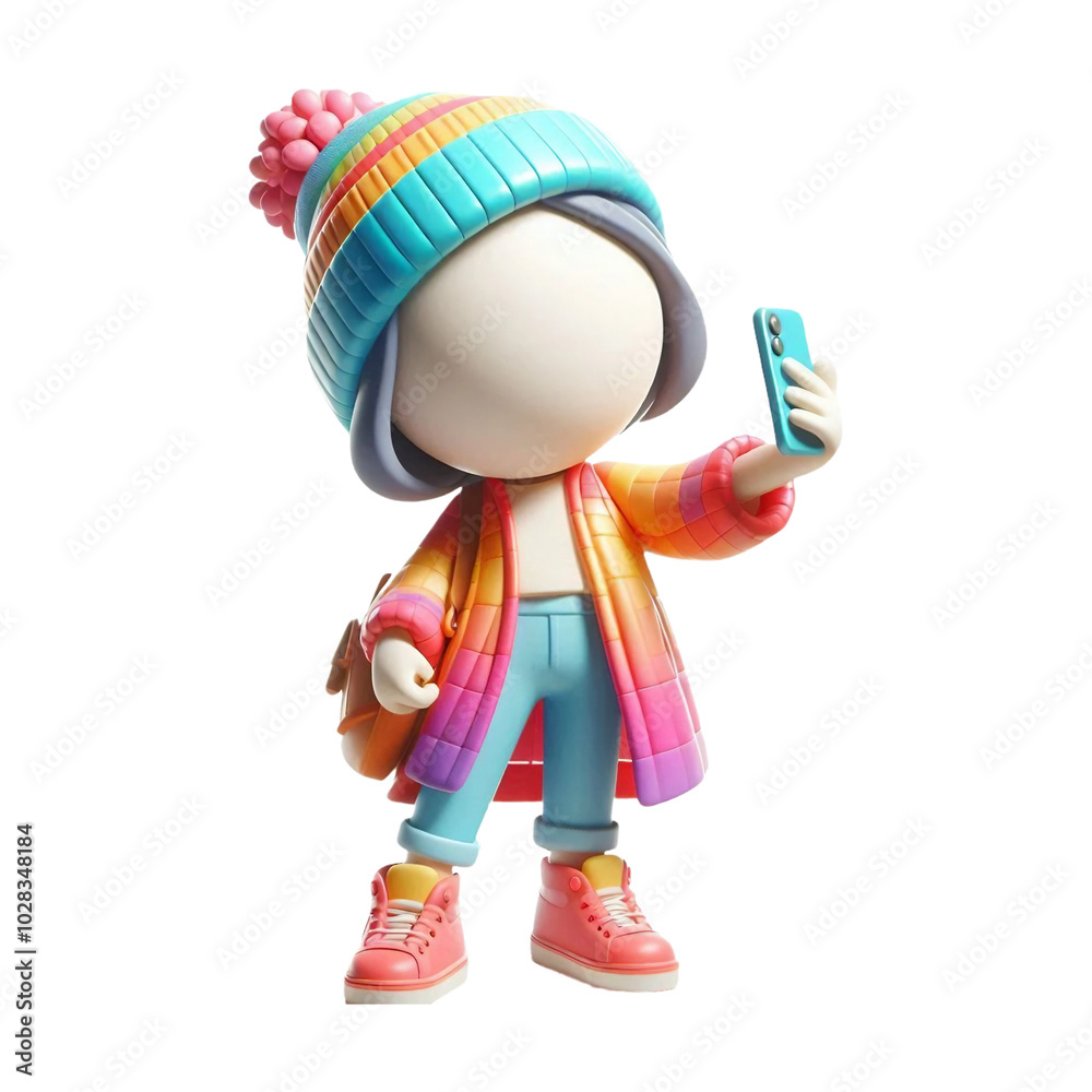 3D stylized plastic figure faceless woman in full growth in bright ...