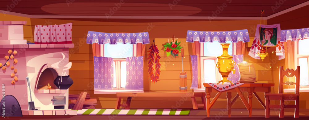Old traditional russian kitchen interior with stone stove with fire and ...