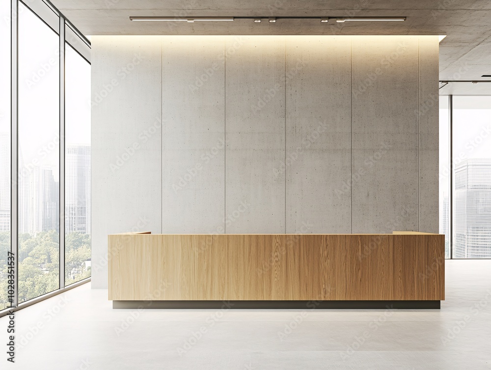2408 76.A modern office lobby with a wooden reception desk and concrete ...