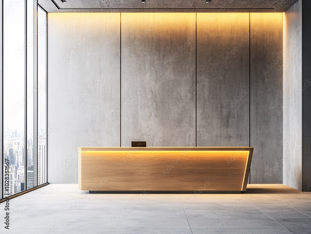 2408 76.A modern office lobby with a wooden reception desk and concrete ...
