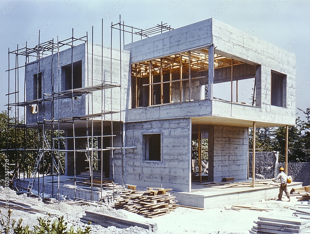 2408 32.A modern villa being built with concrete blocks and bricks ...