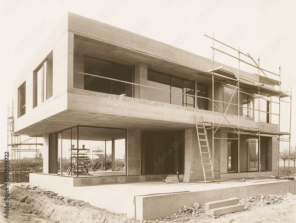 2408 32.A modern villa being built with concrete blocks and bricks ...