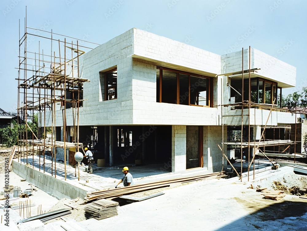 2408 32.A modern villa being built with concrete blocks and bricks ...