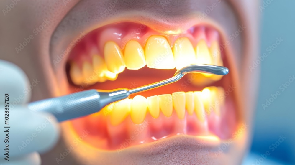 Curing light on filled tooth, focus on procedure, clinical detail Stock ...