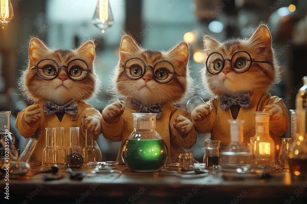 Cute Cats Dressed as Scientists Wearing Glasses and Bow Ties, Working ...