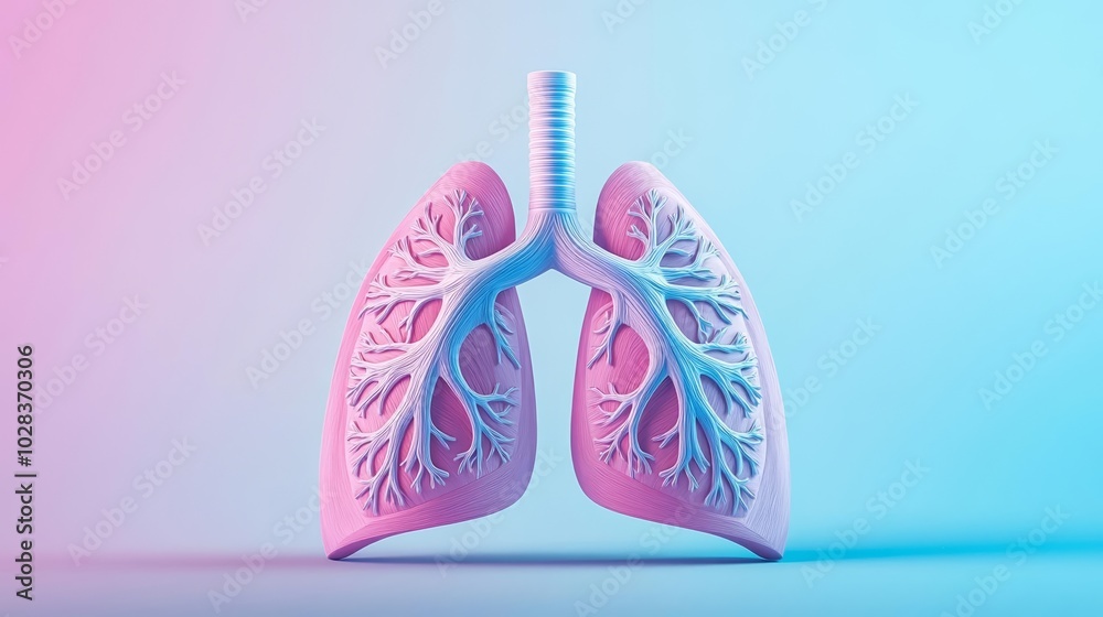 Anatomical 3D model of lungs with vascular details, emphasizing ...