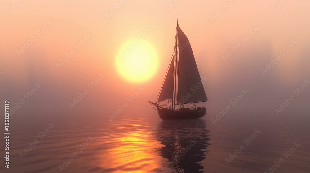 Sailboat sailing ocean sunset hazy fog ships sails underneath random ...