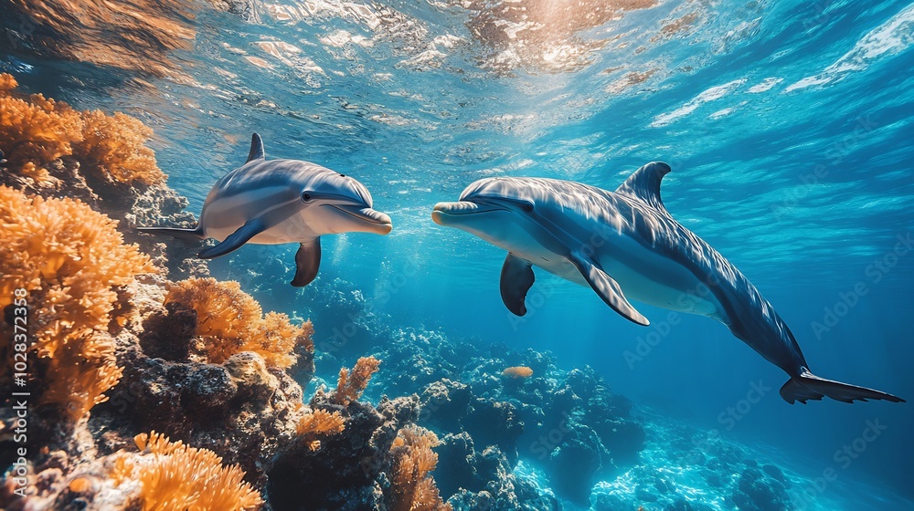 Marine mammals like dolphins seals swimming together in clear blue ...