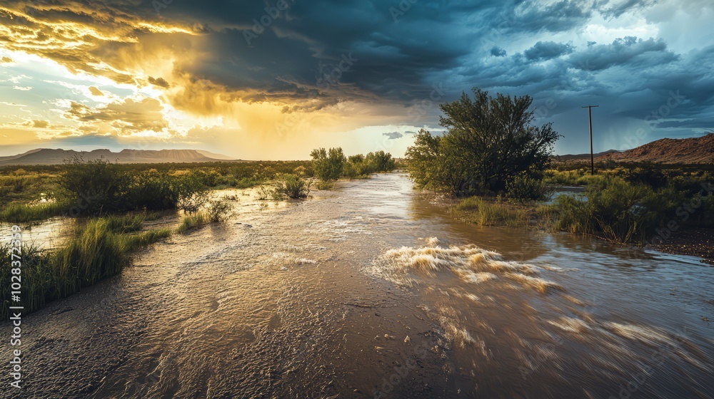 Climate change. Flash flood in a desert after a downpour rain. Extreme ...